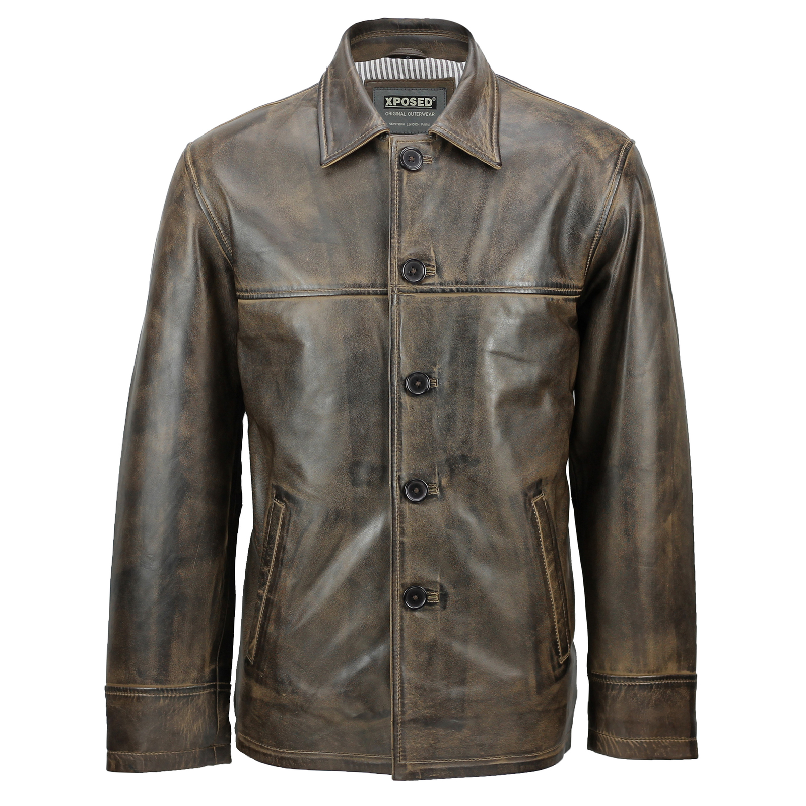 Mens Real Leather Vintage Box Jacket Antique Washed Brown Classic ...