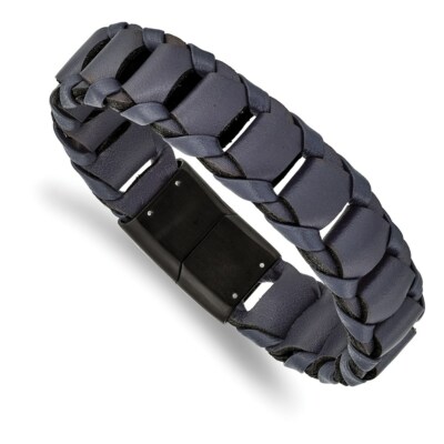 Stainless Steel Brushed Black IP-plated Blue Leather 8.5in Bracelet | eBay