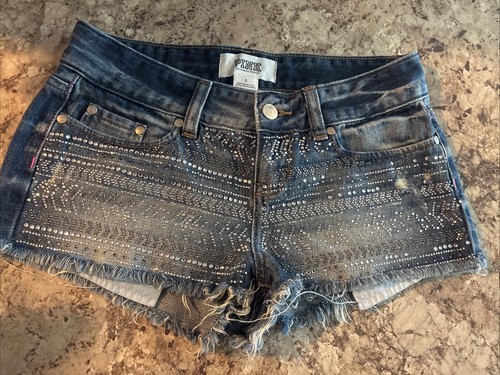 PINK Victoria's Secret Jean Booty Shorts Rhinestone Bling Low Rise Sz 0 ...