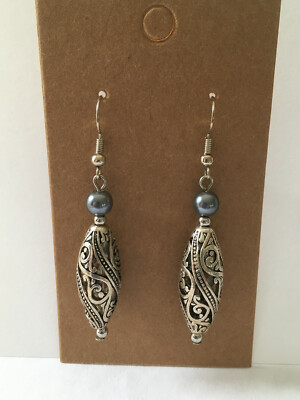 Open Work Silver Ovaline Bead with Grey Round Bead Pierced Dangle ...