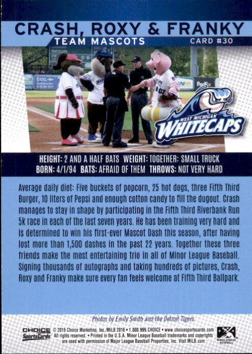 2016 West Michigan Whitecaps Choice #30 Crash, Roxy and Franky Mascots ...