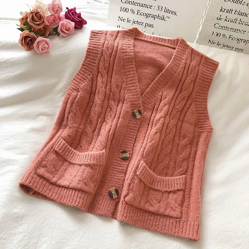 Women V-neck Jacquard Knitted Cardigan Pocket Gilet Tank Retro Student ...