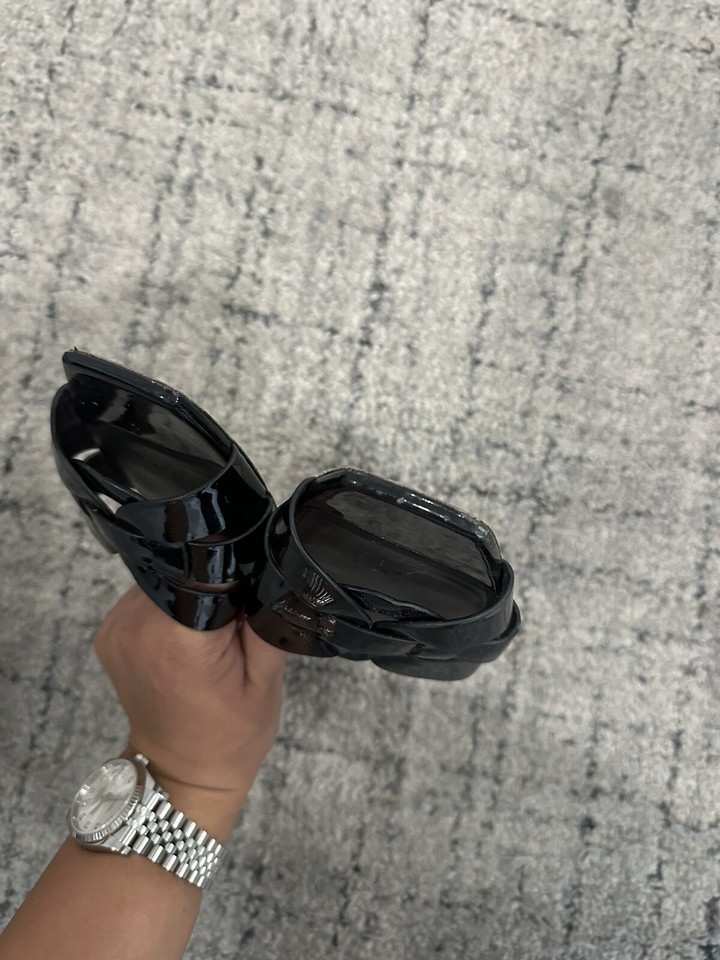 Saint Laurent Ysl Tribute Sandals Flats Shoes 38.5 Slide Black Patent ...