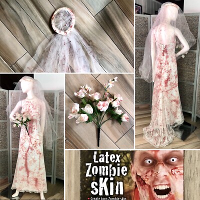 4 Pc Zombie Corpse Dead Bride Costume Set Bloody Gory Wedding Gown Veil ...