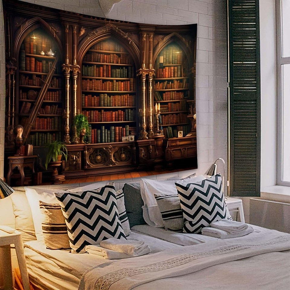 Large Medieval Bookcase Tapestry Vintage Gothic Bookshelf Library Wall ...