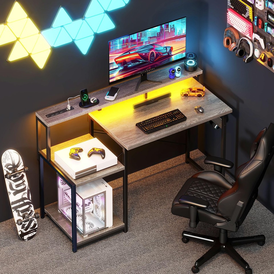 Computer Desk, 48 Inch Gaming Desk with Led Lights & Power Outlet ...