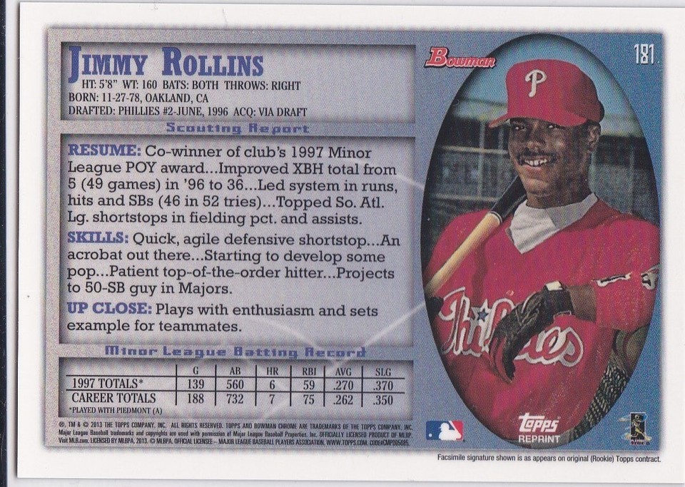 JIMMY ROLLINS ROOKIE CARD RP Bowman Blue Sapphire Baseball PHILADELPHIA ...