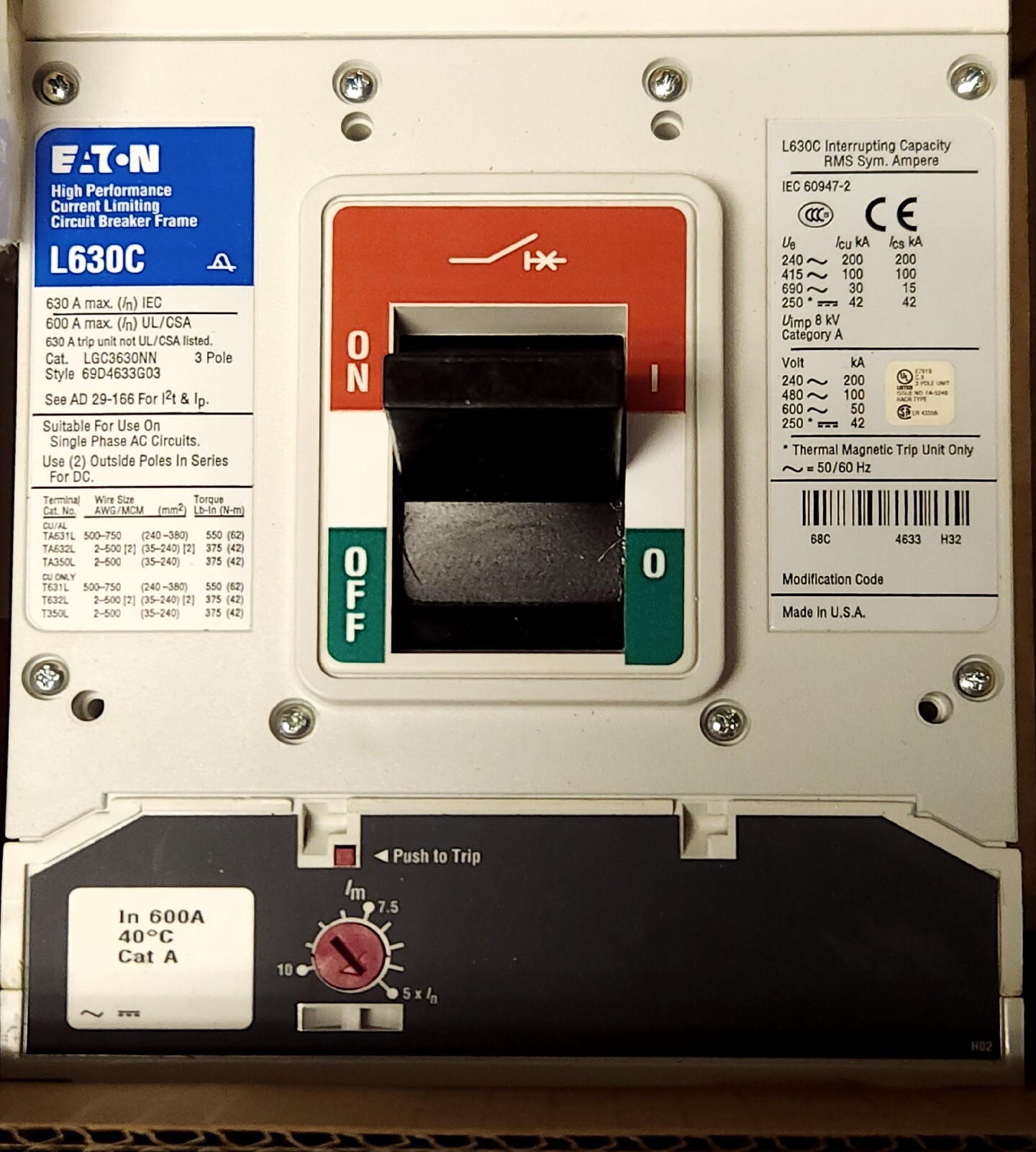 EATON LGC3600FAW 3 Pole 600 AMP Type L630C Current Limiting Circuit ...