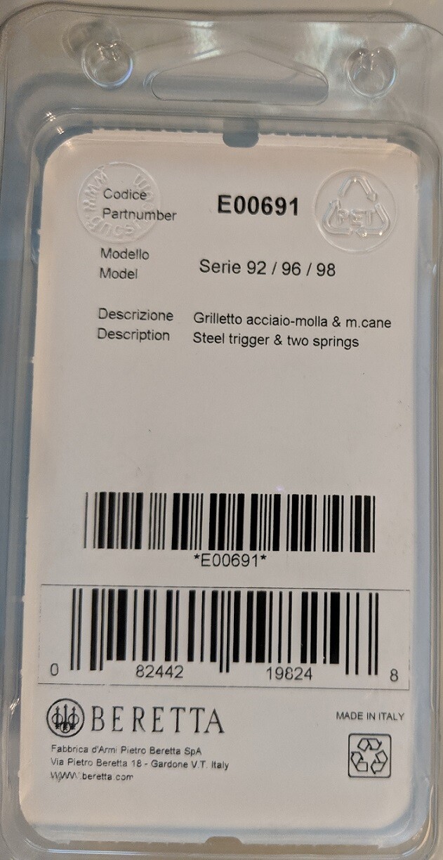 Beretta 92 96 Steel Trigger, Spring Trigger, D Hammer Spring E00691 ...
