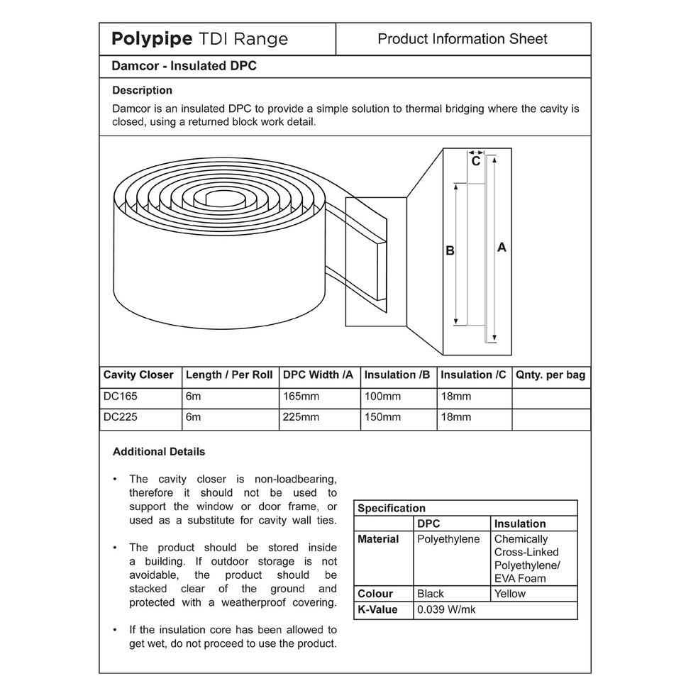 Damcor Insulated DPC 225mm x 6 Metres Cavity Closer for around Windows ...