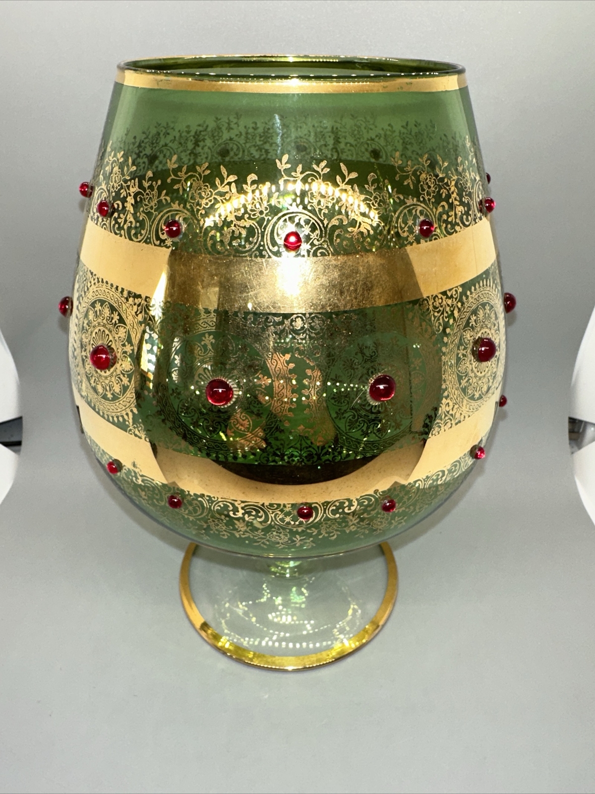VINTAGE VENETIAN BOHEMIAN LARGE BRANDY SNIFTER GREEN GOLD WITH RED ...