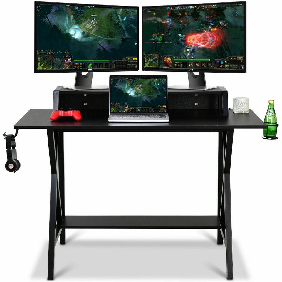 All-In-One Gamer Desk Gaming Table Cup Headphone Holder Power Strip ...
