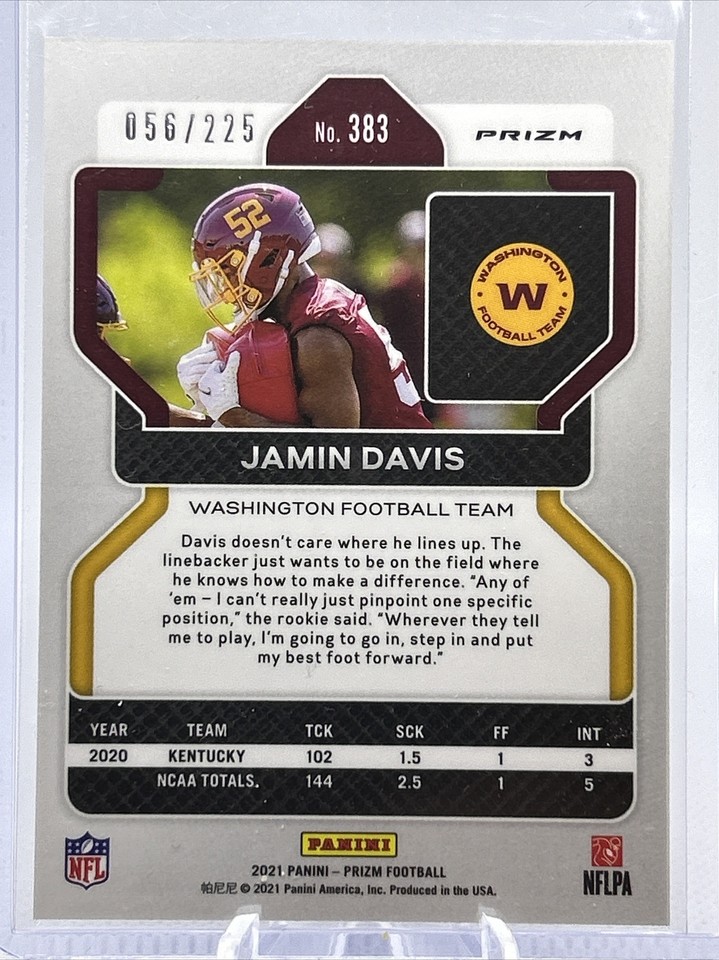 2021 Prizm Rookie 056/225 Purple Ice Washington Jamin Davis RC ...