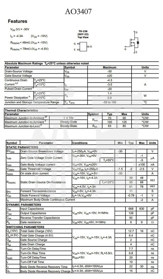 100PCS AO3407 A79T 4.3A/30V SOT-23 MOS P-Channel MOSFET transistor NEW ...