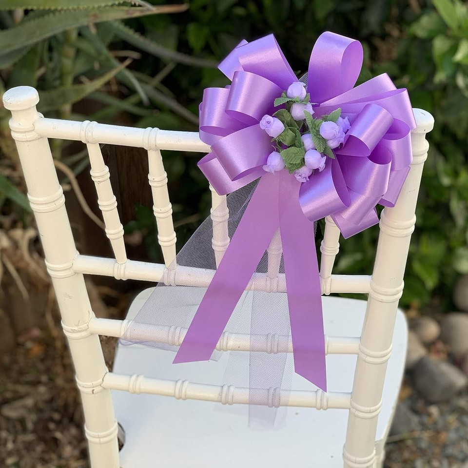 Lavender Pull Bows with Tulle Tails & Rosebuds - 8" Wide, Set of 6 ...