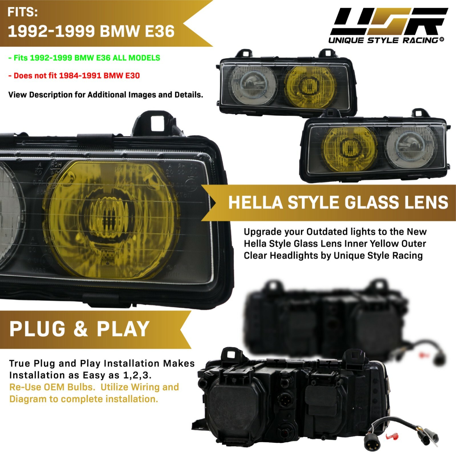 French Yellow/Clear GLASS Lens DEPO Euro Hella Projector Headlights For ...