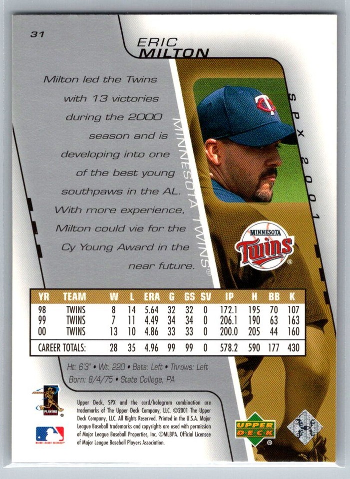 2001 Upper Deck SPx Baseball Card #31 Eric Milton Minnesota Twins | eBay