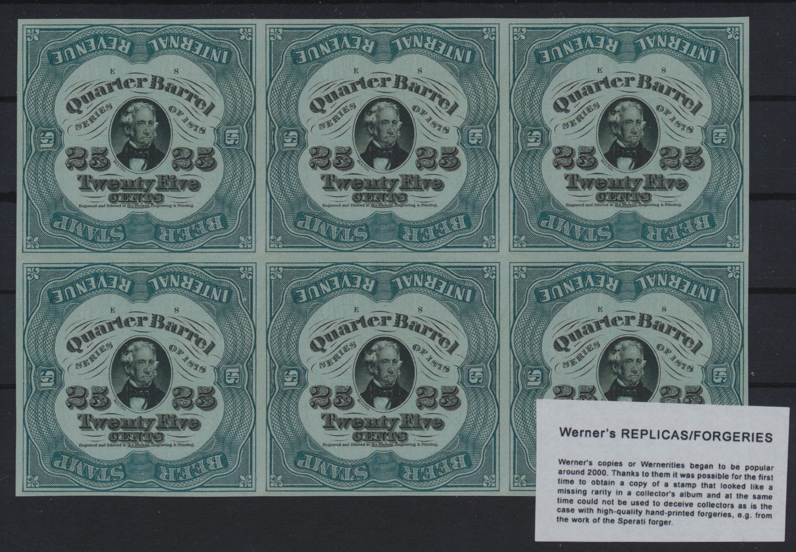 6blk of Werner's REPLICA of USA 1878, 25c , ¼bbl., Beer, Inverted ...