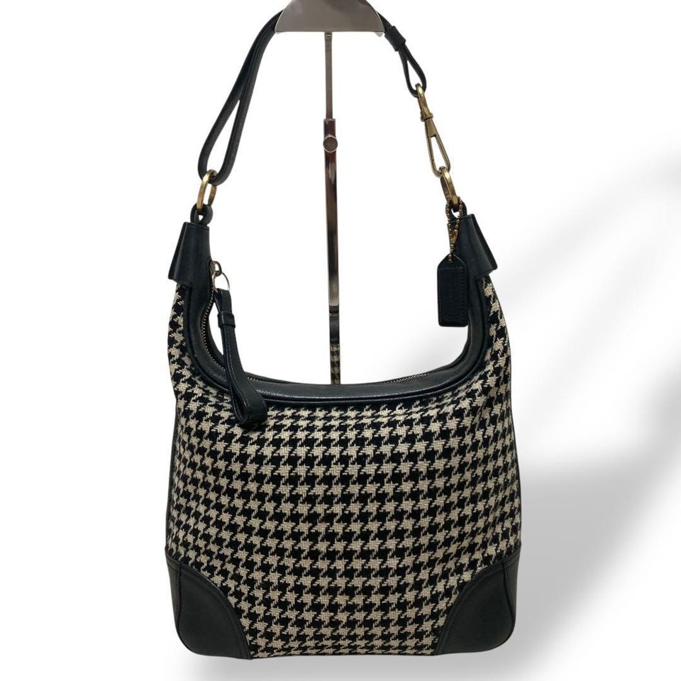 Coach Houndstooth Canvas Tote Bag Black White Leather Shoulder ...