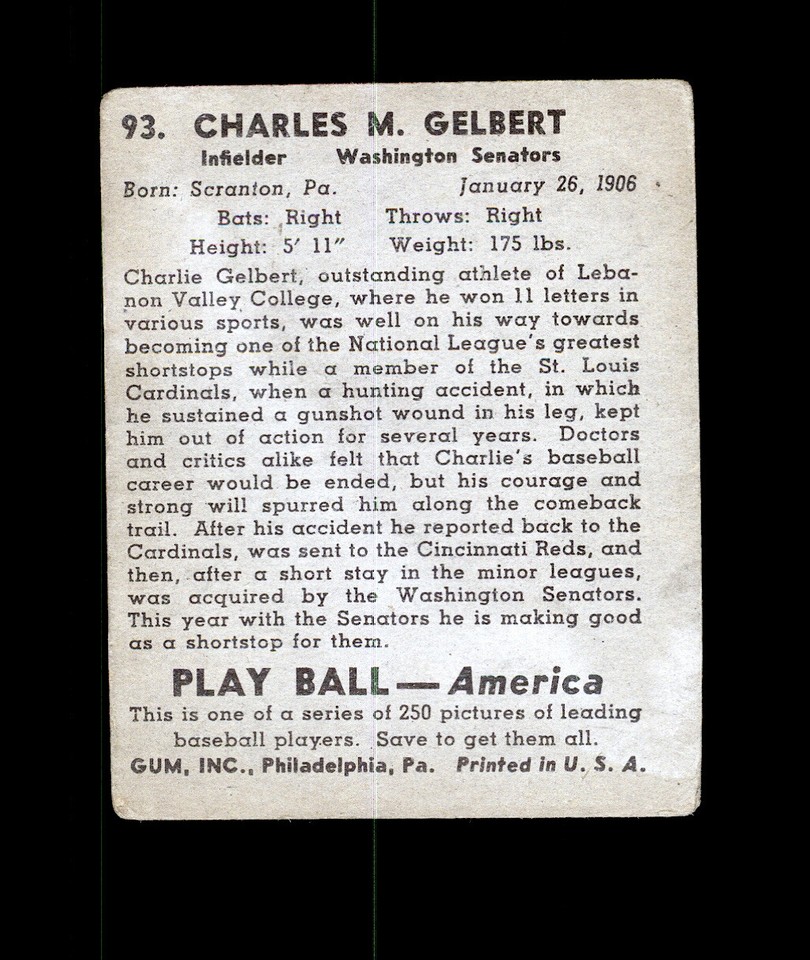 1939 Play Ball #93 CHARLIE GELBERT - WASHINGTON SENATORS | eBay