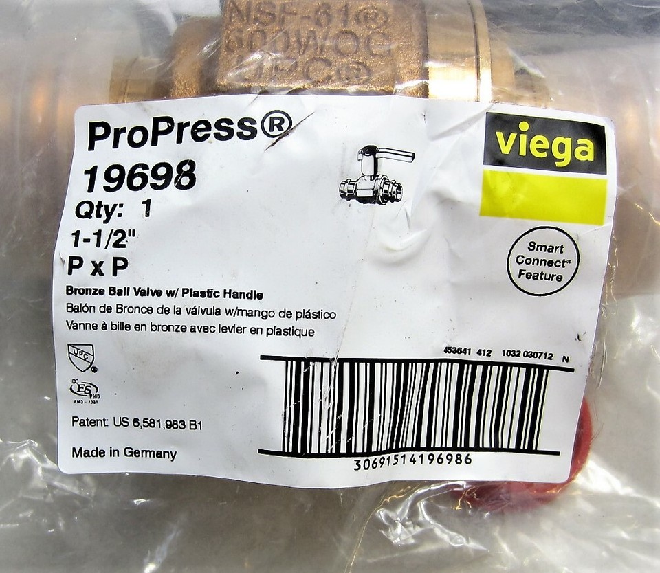 Viega ProPress 19698 1 1/2" PxP Bronze Ball Valve with Plastic Handle ...