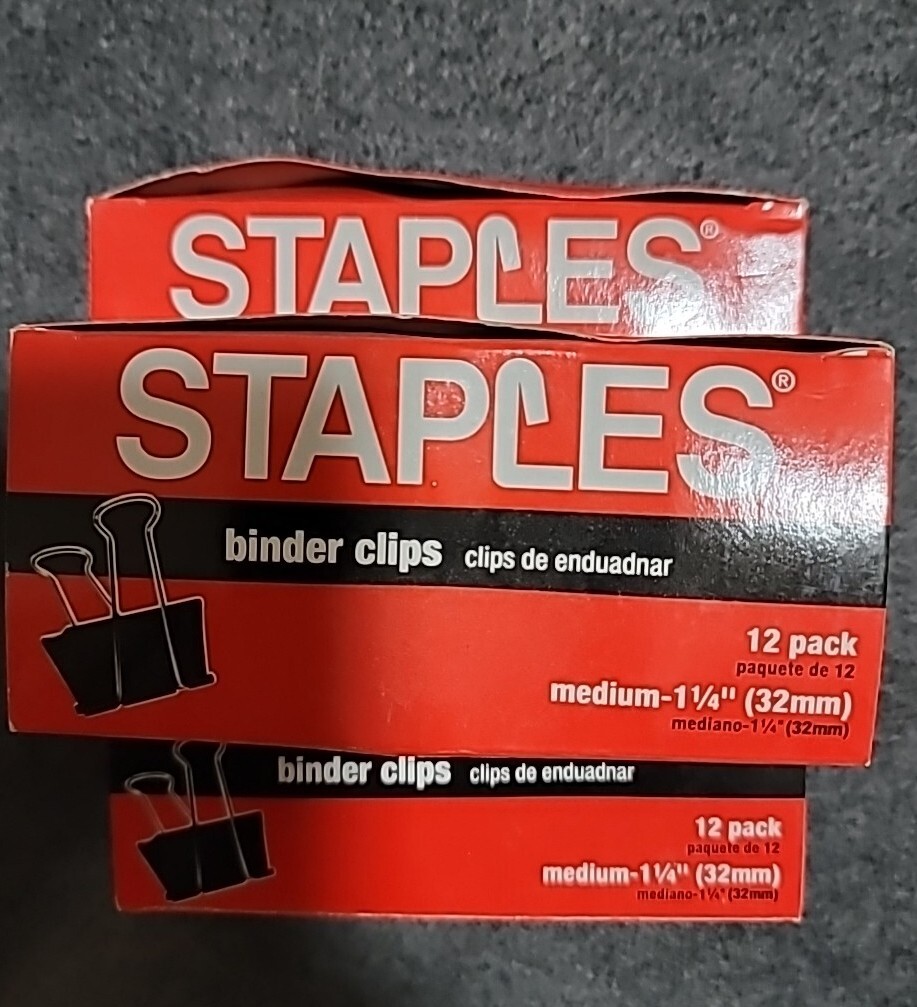Staples Medium Binder Clips 1 1/4" Size W/5/8" Capacity 3/Pks Of 12 Ea ...