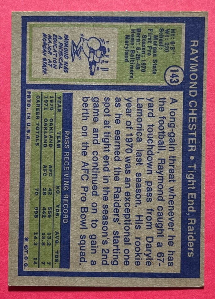 RAYMOND CHESTER 1972 TOPPS FOOTBALL RC ROOKIE CARD #143 OAKLAND RAIDERS ...