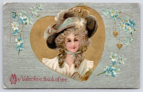 Valentine~Regency Lady in Feather Hat~Pipe Curls~Gold Heart~Silver Back ...