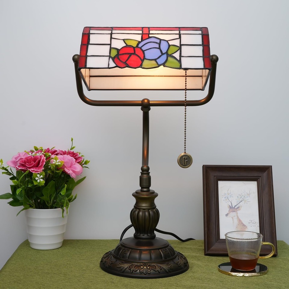 red rose tiffany bankers desk lamp stained Glass table lamp Vintage ...