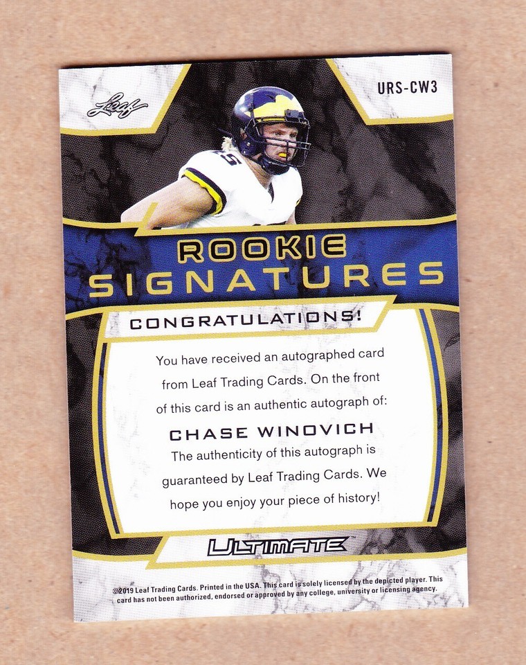 Chase Winovich signed 2019 Leaf Rookie Signatures card #URS-CW3 ...