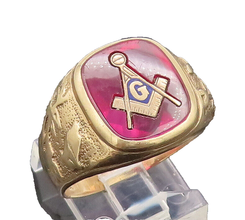 A & C 10K GOLD Vintage Red Stone Freemason Symbols Antique Ring Sz 11 ...