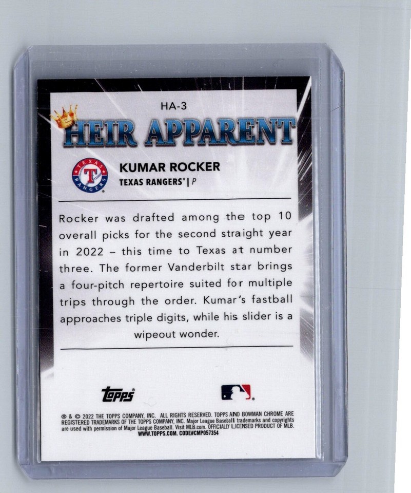 2022 Bowman Draft Heir Apparent Kumar Rocker Rookie Texas Rangers #HA-3 ...