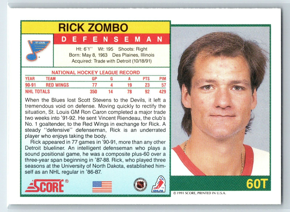 Rick Zombo 1991 Score NHL Rookie and Traded #60T | eBay