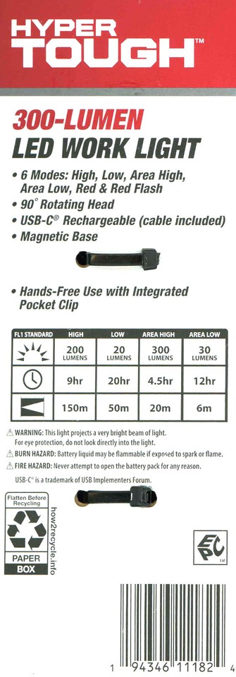 Hyper Tough 300-LUMEN RECHARGEABLE LED WORK LIGHT Rotating Flashlight ...