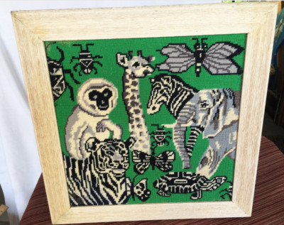 Vintage Framed Hand Embroidered Zoo Afric Animal Wildlife Jungle ...