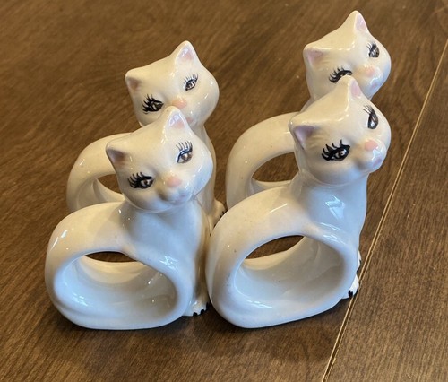 Set of 4 White Ceramic Cats Napkin Rings Holders- Kitch Mid Century ...