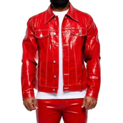 Mens Red Shiny PVC Vinyl Trucker Jacket and Pants Suit outfit wetlook ...