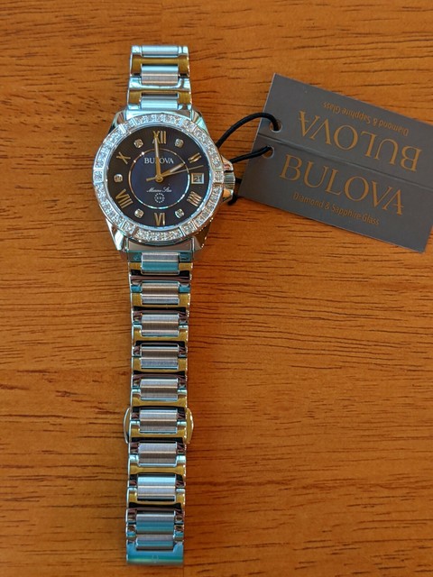 Bulova Marine Star Midnight Blue Mother of Pearl Diamond Dial Ladies ...