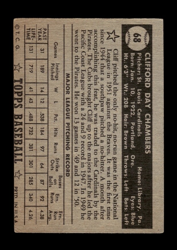 1952 Topps Set-Break # 68 Cliff Chambers VG-VGEX (black back) (crease ...