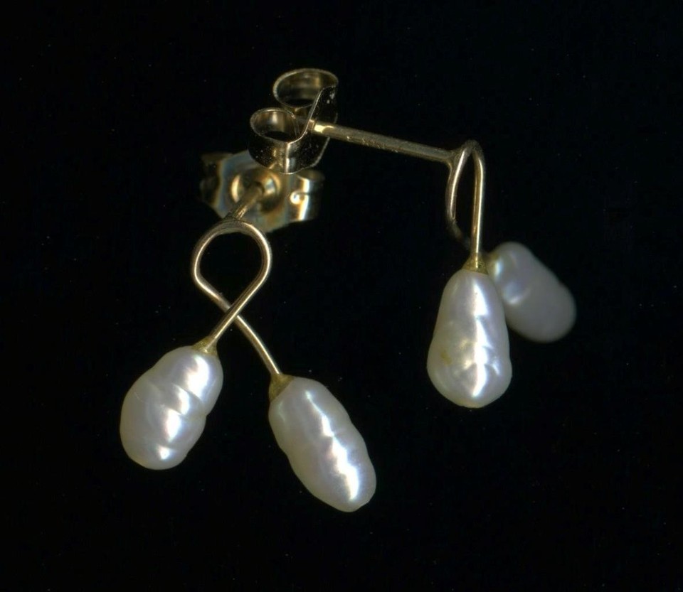 14K 13mm Solid Yellow Gold Natural White Rice Pearl Branch Tassel ...
