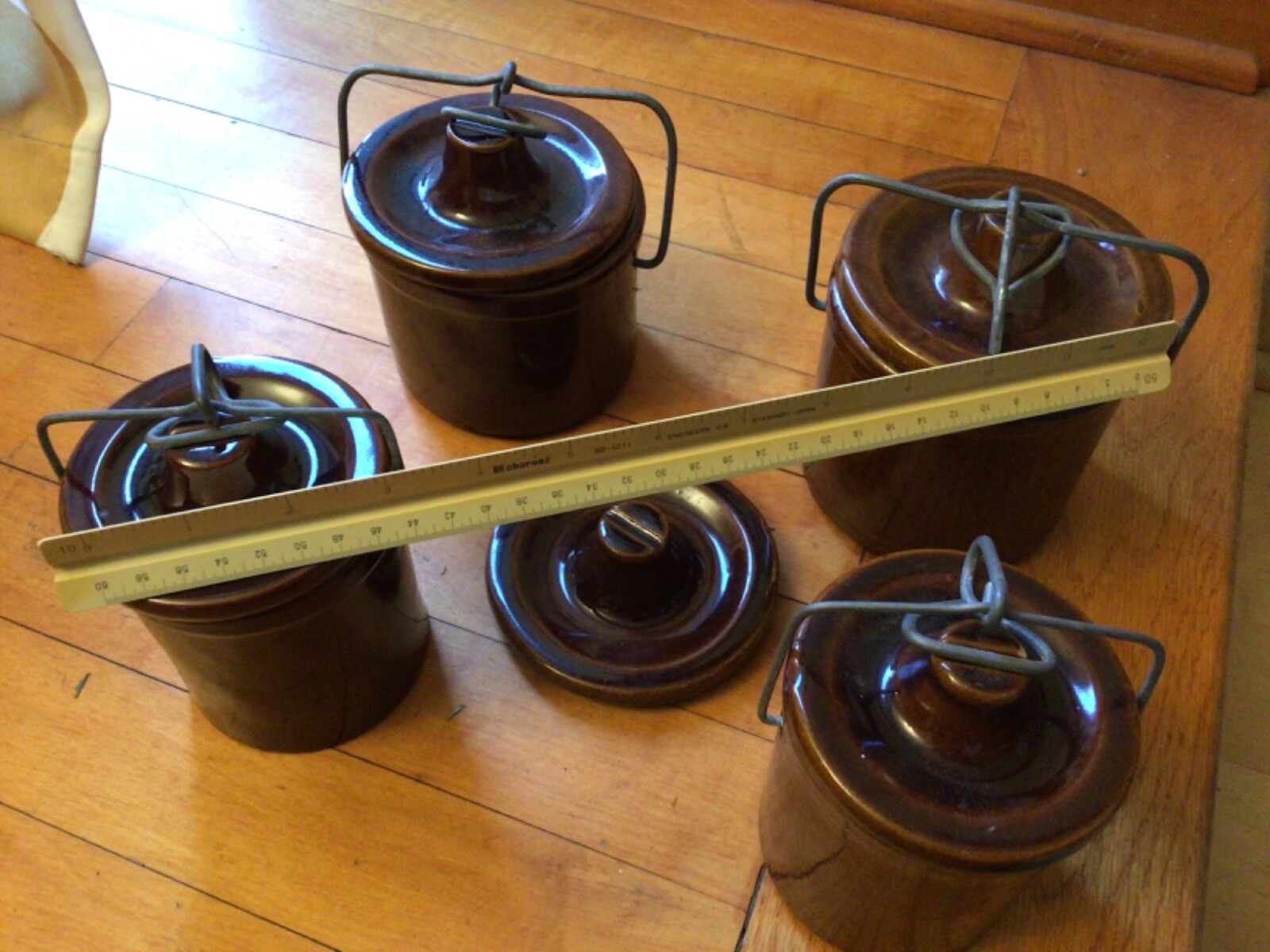 Vintage Lot of 4 Brown Glazed Stoneware Butter Cheese Crock Wire Bail ...
