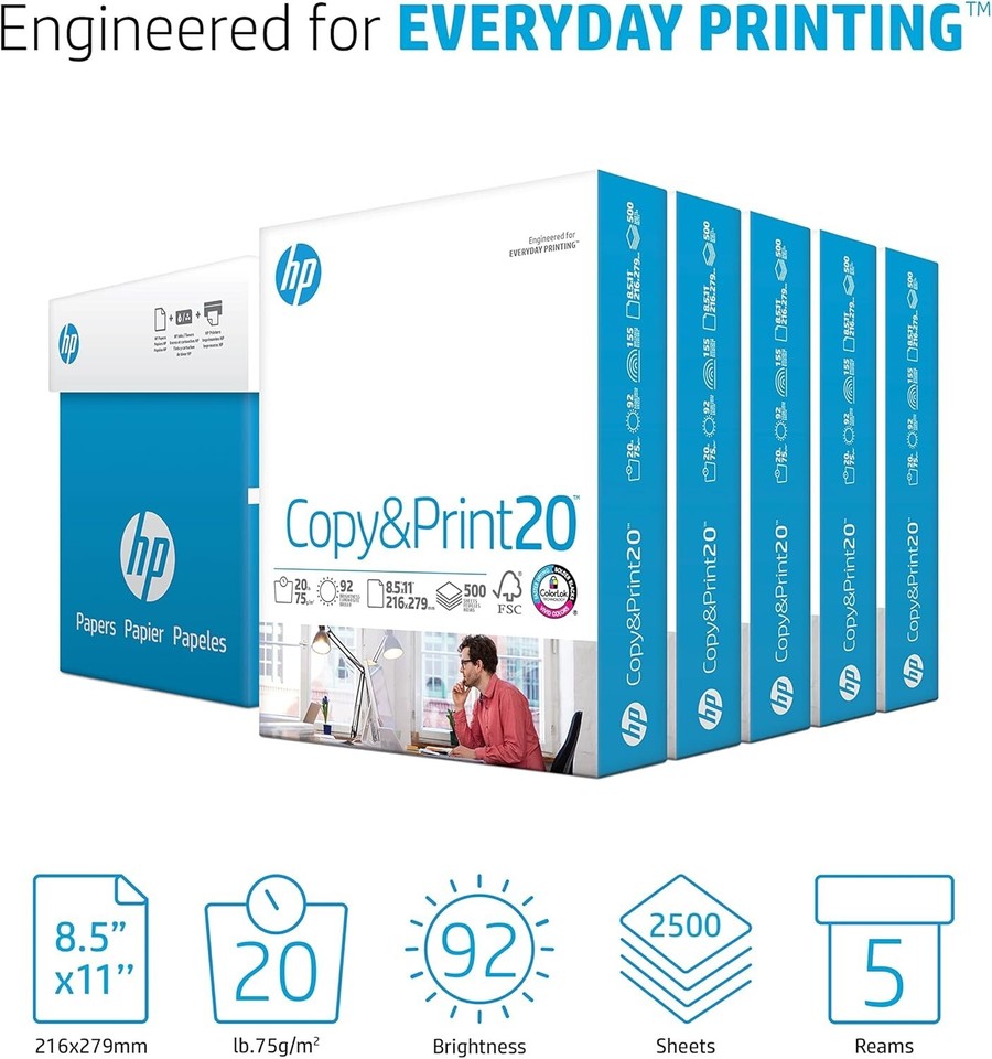 HP Printer Paper 8.5x11 Paper Copy &Print 20lb, 5 Ream Case -2500 ...