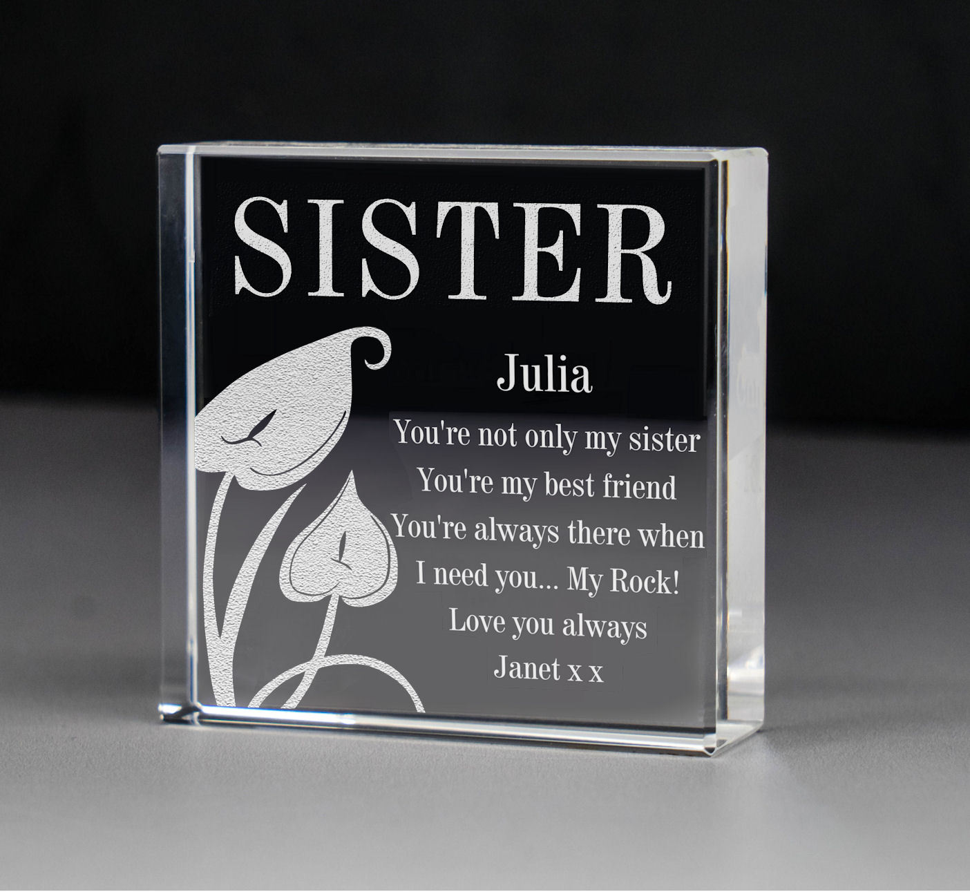 Engraved Sister Flower Design Presentation Glass Block Gift ...