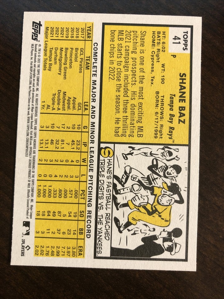 2022 Topps Archives #41 Shane Baz - Tampa Bay Rays RC | eBay