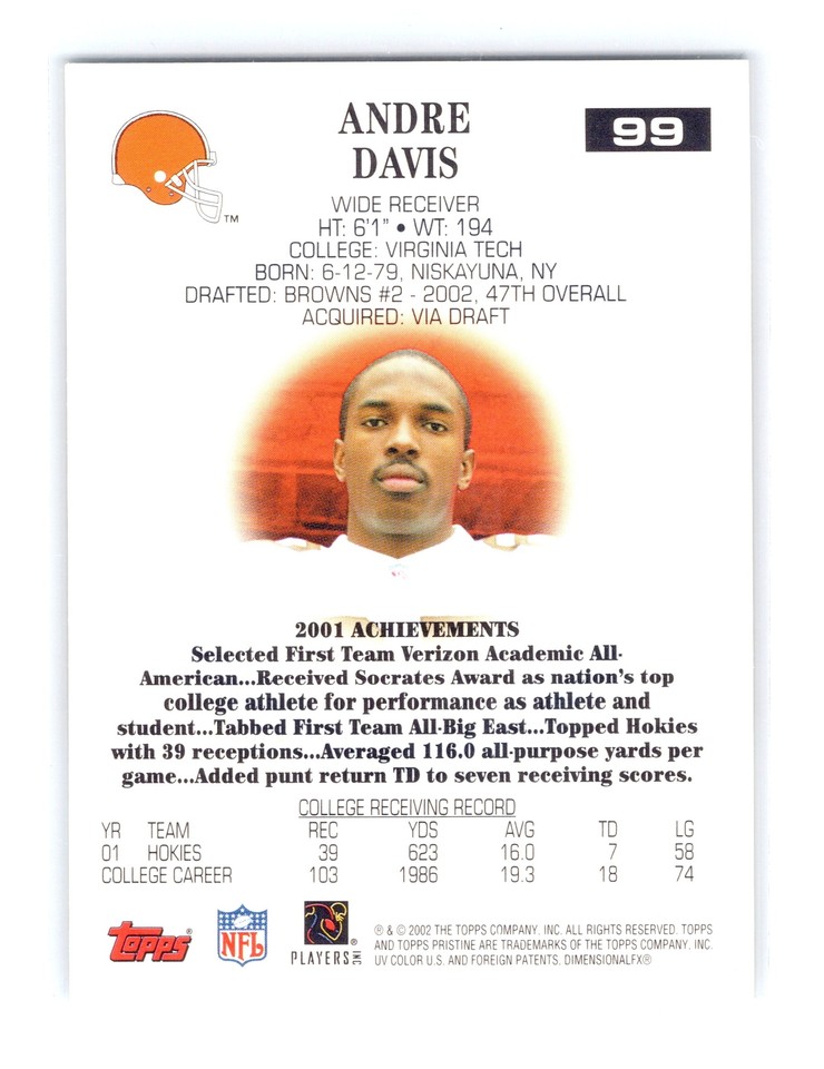 2002 Topps Pristine Football #99 Andre Davis Rookie RC Cleveland Browns ...