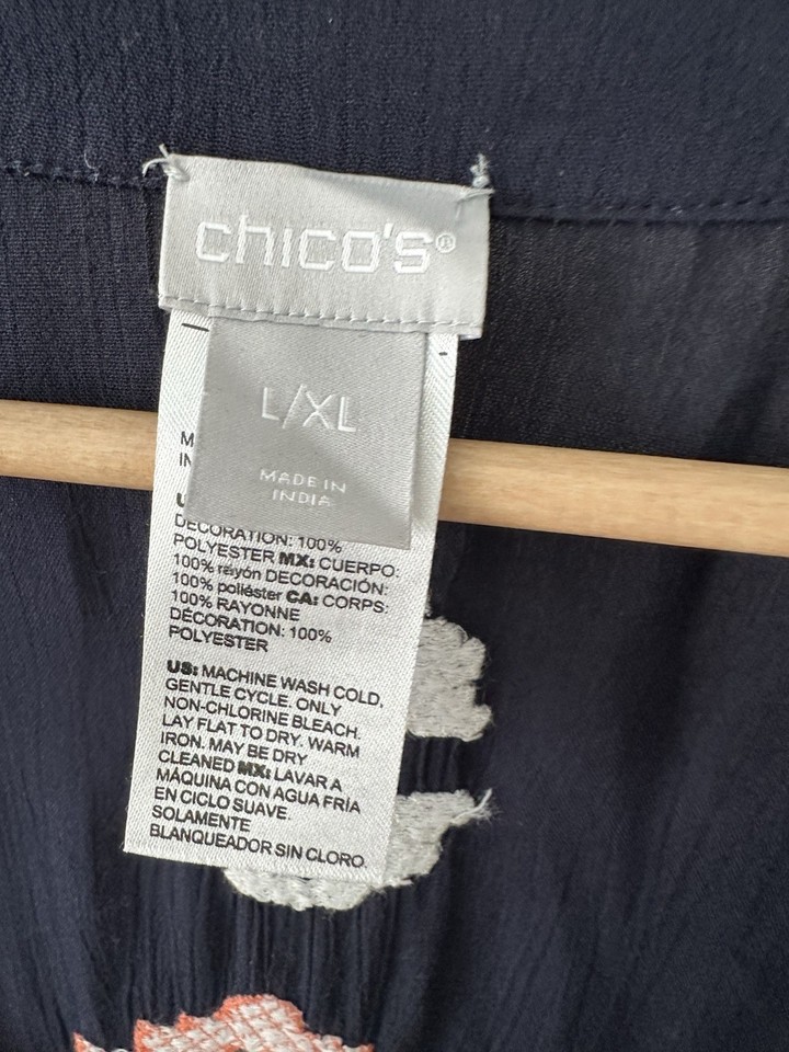 Chico's Dark Blue Orange Embroidered Long Sleeve Long Duster Cardigan ...