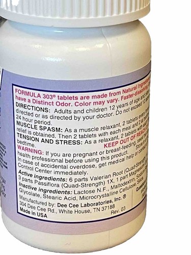 Formula 303 Maximum Strength Natural Muscle Relaxant Spasms Cramps 60Tb ...