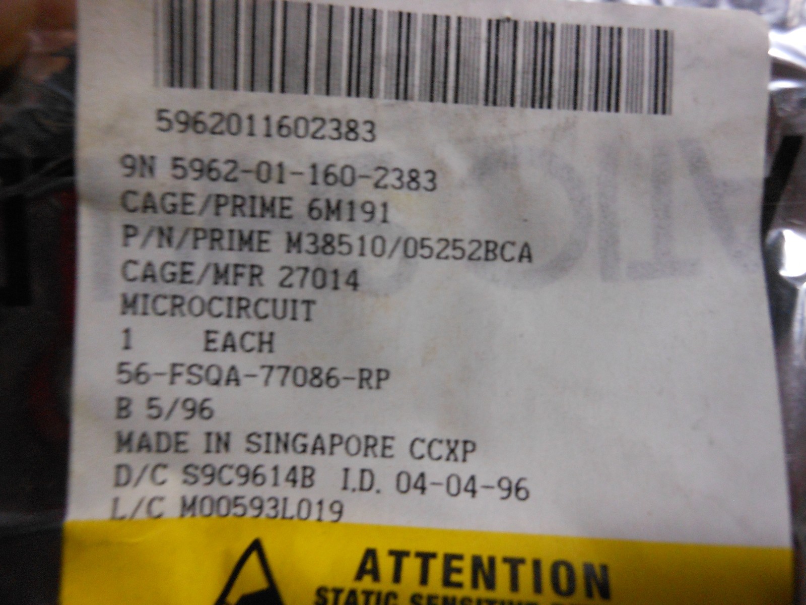 TI MICROCIRCUIT PART # JM38510/05252BCA NSN: 5962-01-160-2383 M38510 ...