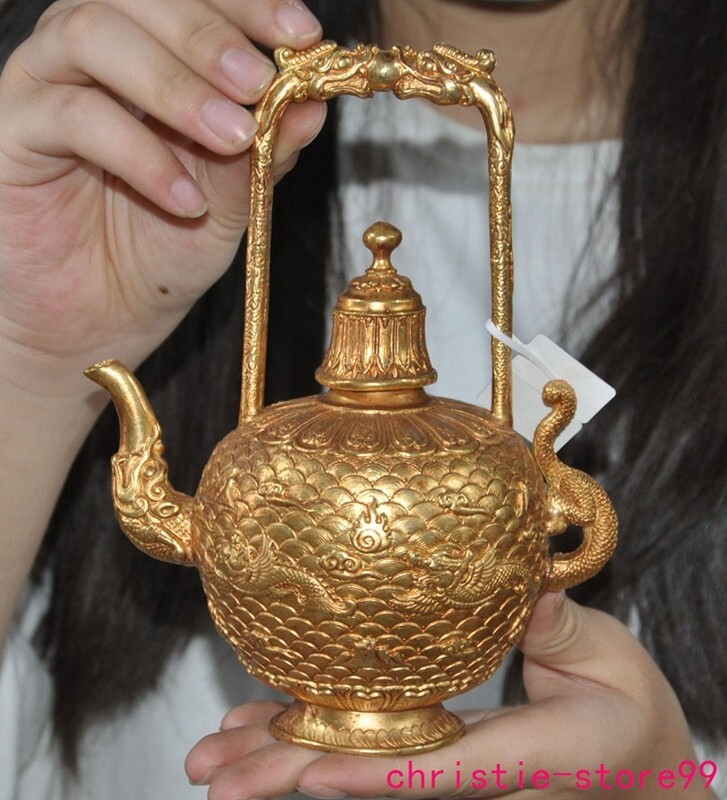 Ancient Chinese bronze 24k gold gilt fengshui dragon Flagon Tea makers ...