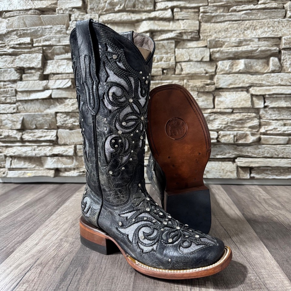 WOMENS GLITTER INLAY DIMOND ACCENTS COWGIRL BLACK BOOTS WESTERN STYLR ...